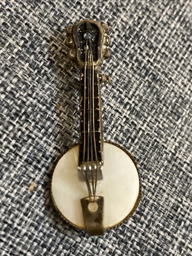 Vintage BANJO Brooch Pin Silver Tone Metal Faux Mother of Pearl Costume ...