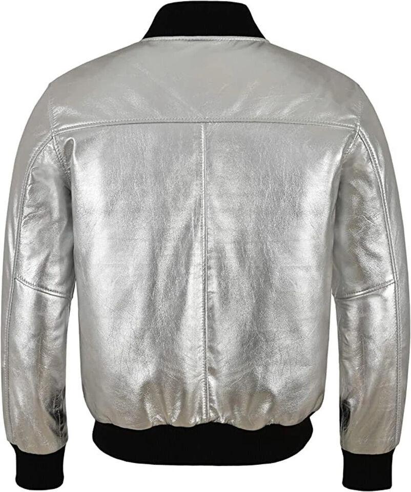 Men's Real Leather Shinny Silver Metallic Foil Jacket Bomber Biker ...