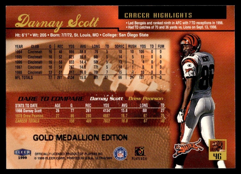 1999 Ultra Gold Medallion Darnay Scott G66 Cincinnati Bengals #4G | eBay