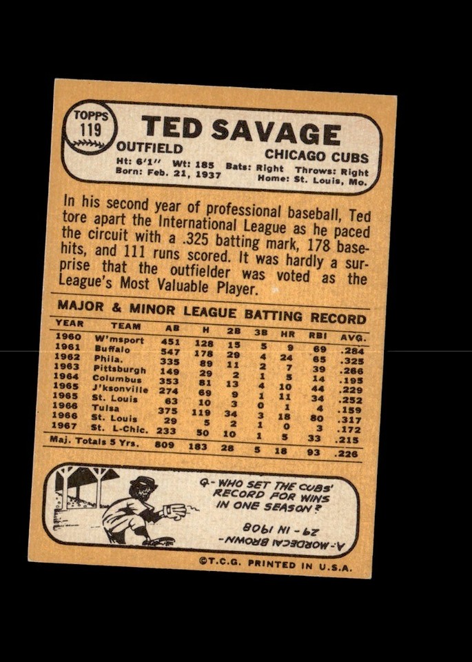 Ted Savage 1968 Topps Cubs authentic autographed card | eBay