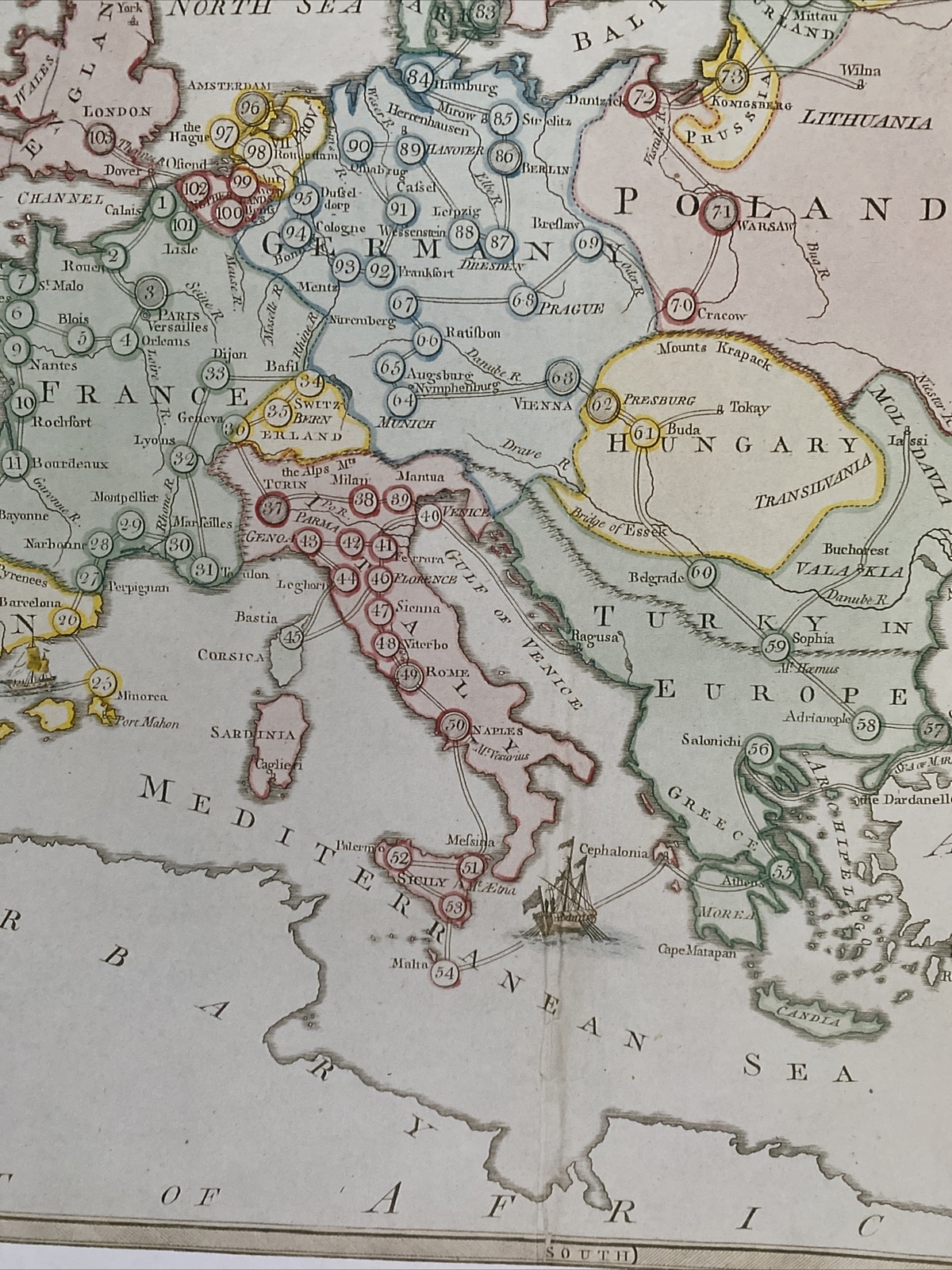 Unique Old Historical Antique rare travel game map of Europe: 1787 ...