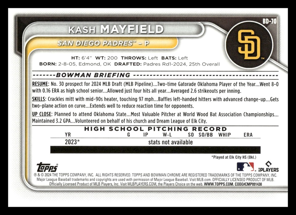 2024 Bowman Draft 1st #BD-70 Kash Mayfield San Diego Padres Baseball ...