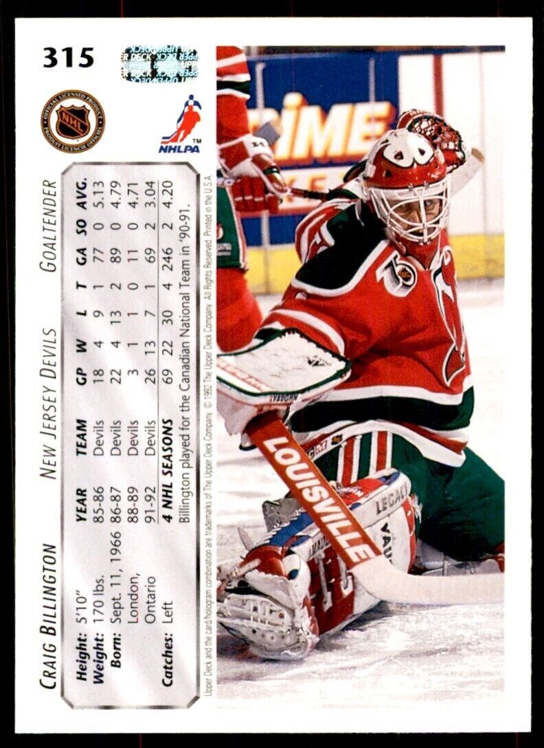 1992-93 Upper Deck Craig Billington New Jersey Devils #315 | eBay