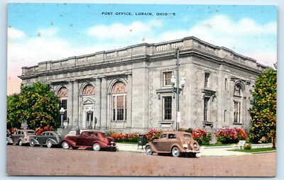 POSTCARD Post Office Lorain Ohio Linen Old Autos | eBay
