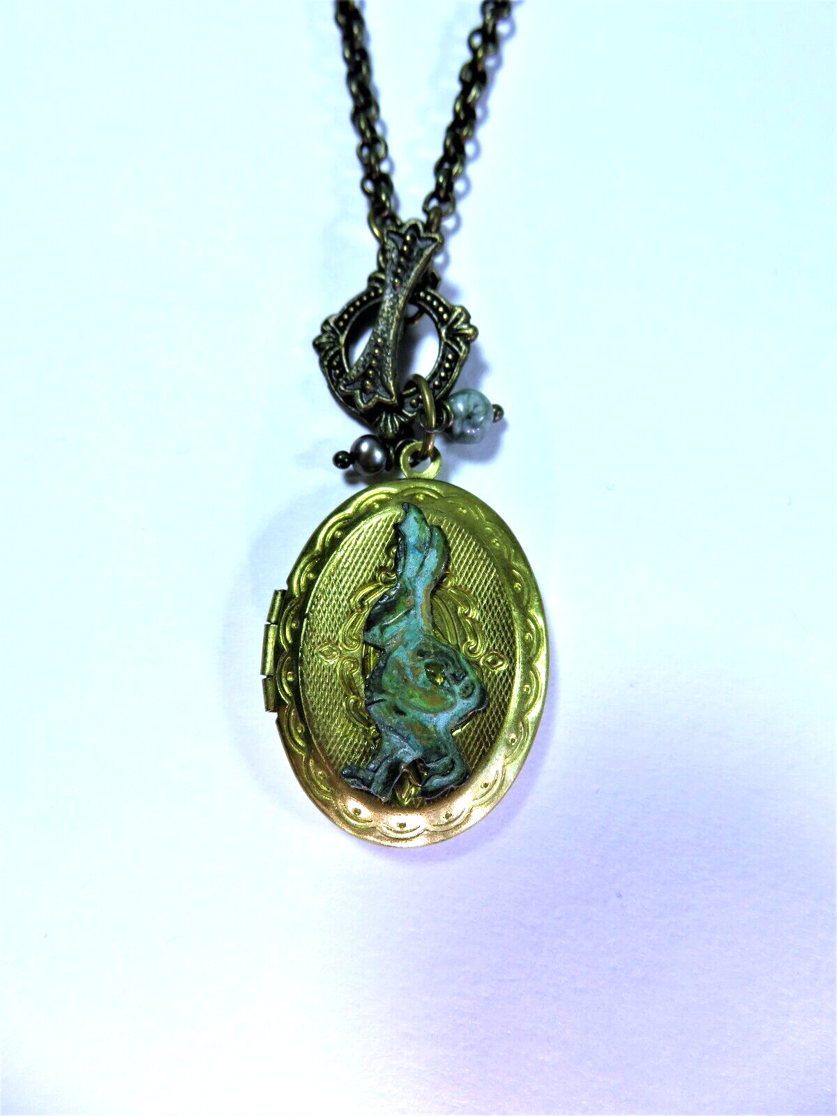 Locket Pendant Necklace Applied Verdigris Rabbit Toggle Clasp Link ...