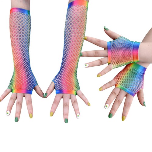 Rainbow Half Arm Length Women Fishnet Hand Gloves Fingerless Club ...