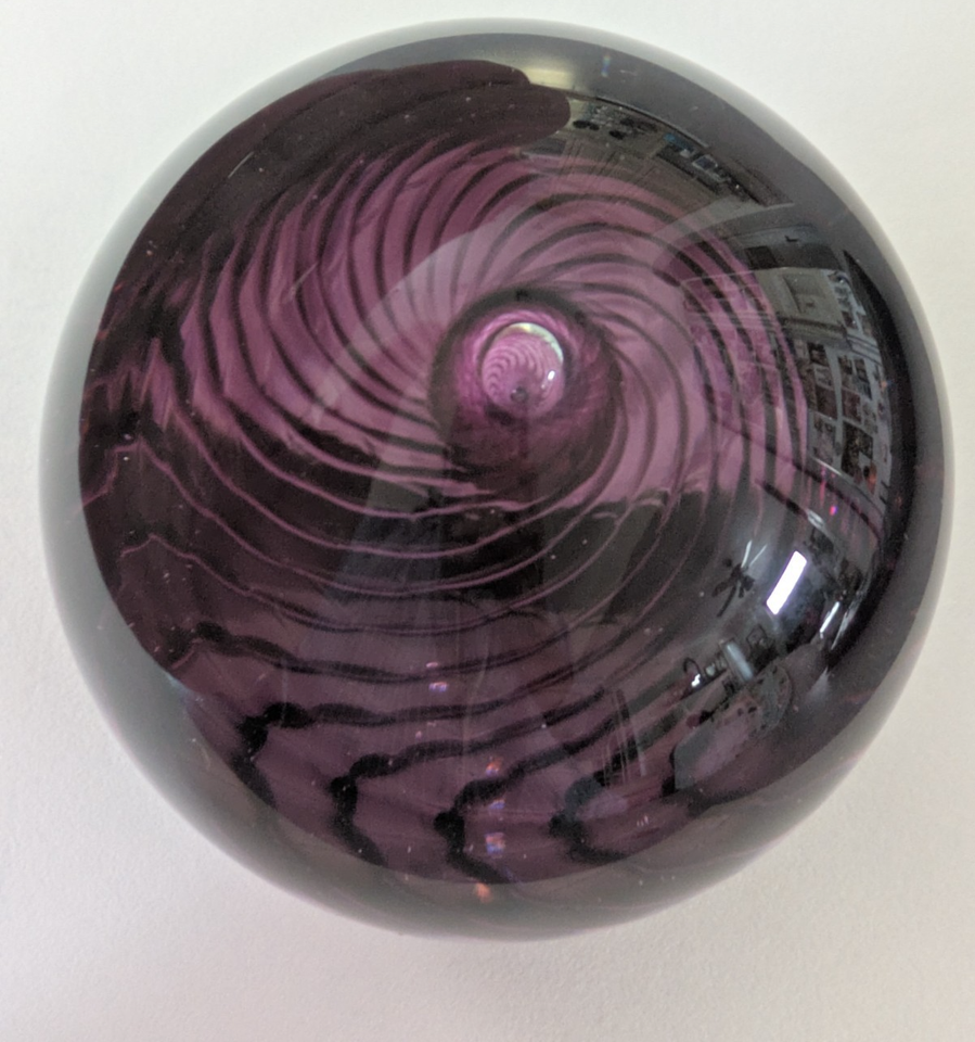 PETER SCHILLER SIGNED STUDIO ART GLASS PURPLE VORTEX SWIRL PAPERWEIGHT ...