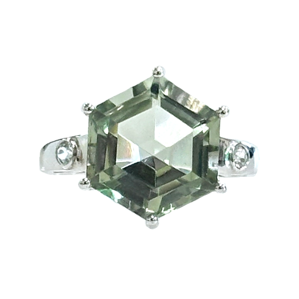6.03CT Hexagon Prasiolite .09CTW Round White Topaz Sterling Silver Ring ...