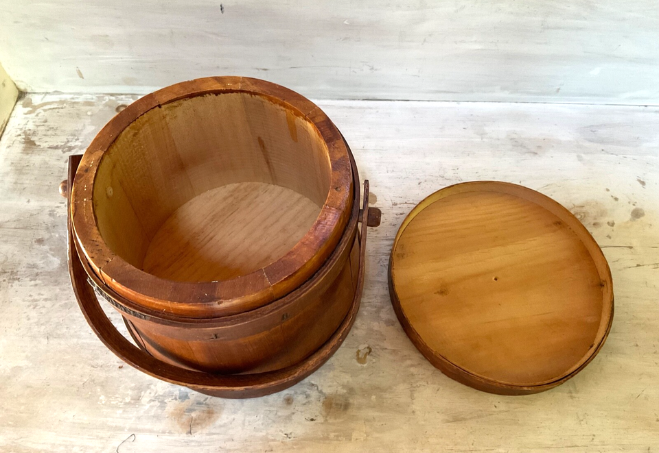 Antique primitive small 6-1/2" Wooden Firkin Sugar Bucket w/swing ...