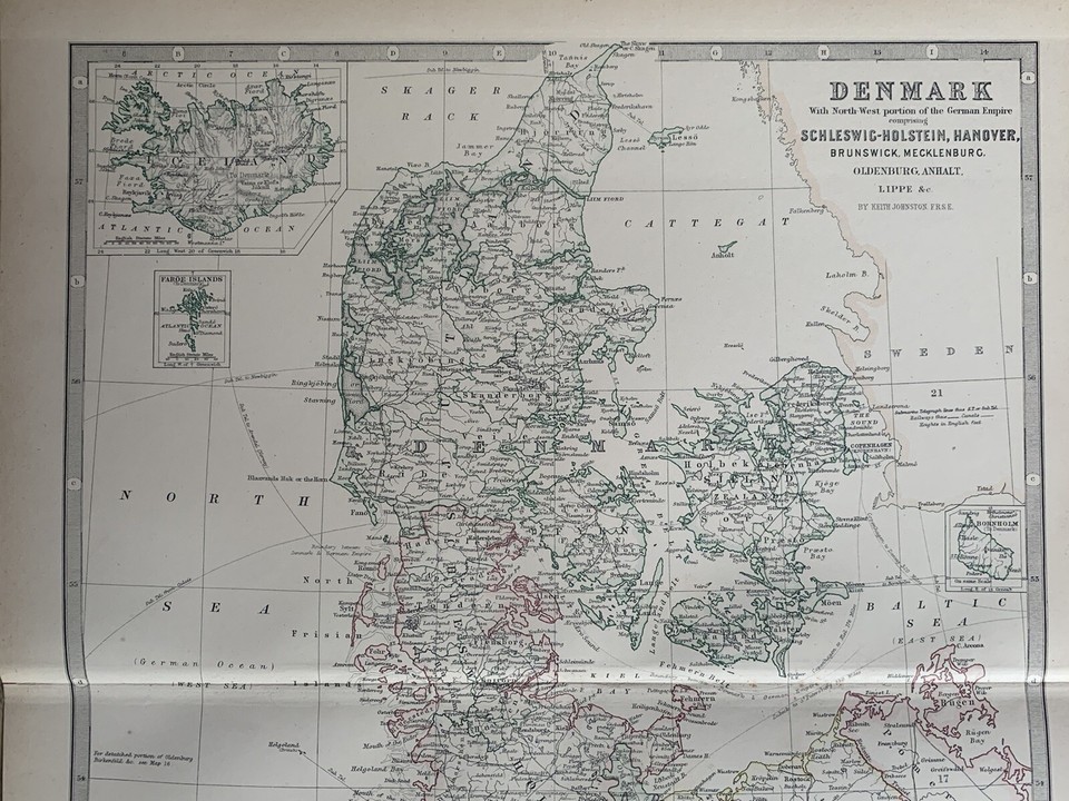 1886 DENMARK & NORTH GERMANY ORIGINAL ANTIQUE HAND COLOURED MAP BY ...
