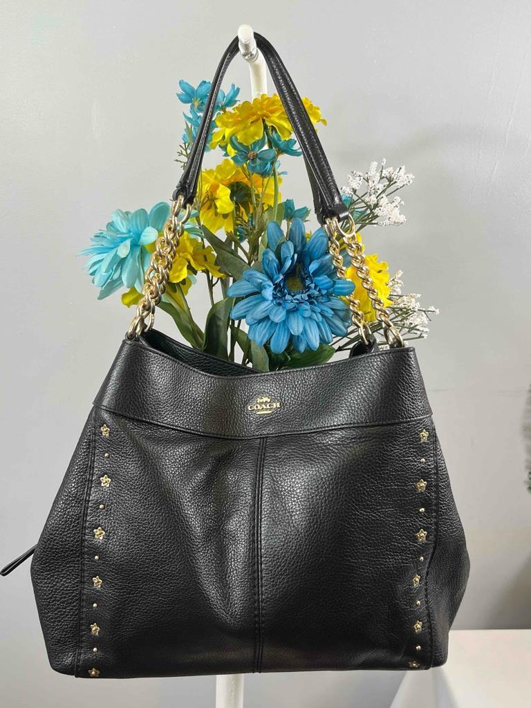 COACH Lexy Black Leather Floral Rivets Chain Strap Sh… - Gem