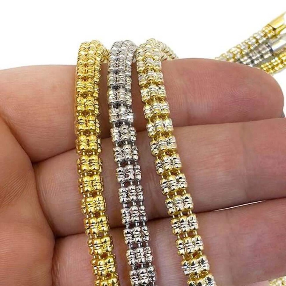 18K Gold Over Sterling Silver 5mm Iced Diamond-Cut Mesh Chain Solid Links 16" | eBay
