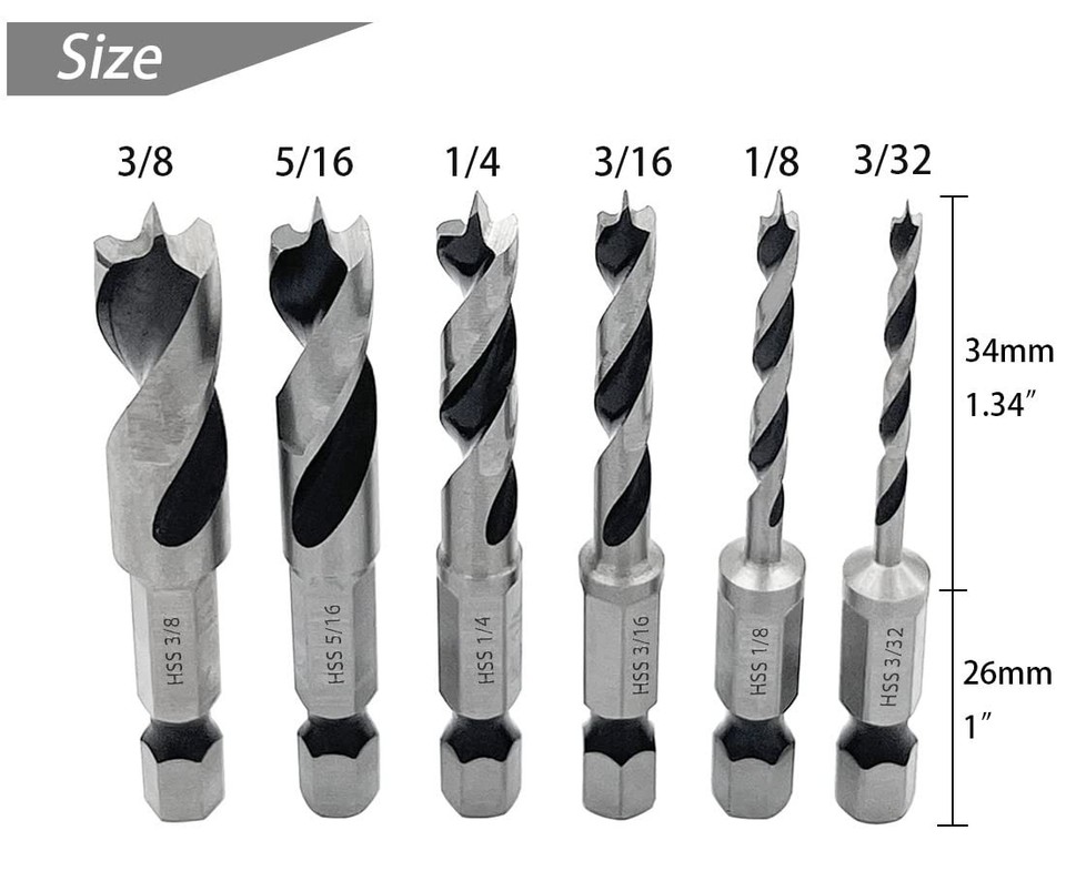 6pcs 1/4" Quick Change Hex Shank Wood Brad Point Stubby Short Drill Bit ...
