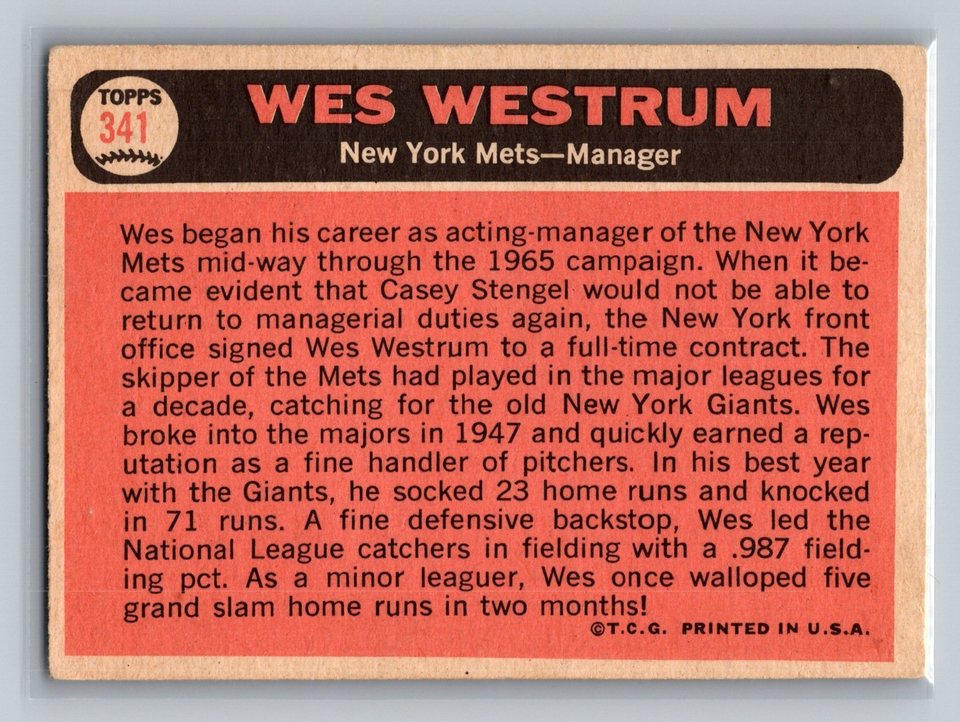 1966 Topps Wes Westrum Los Angeles Dodgers Manager Card #341 | eBay