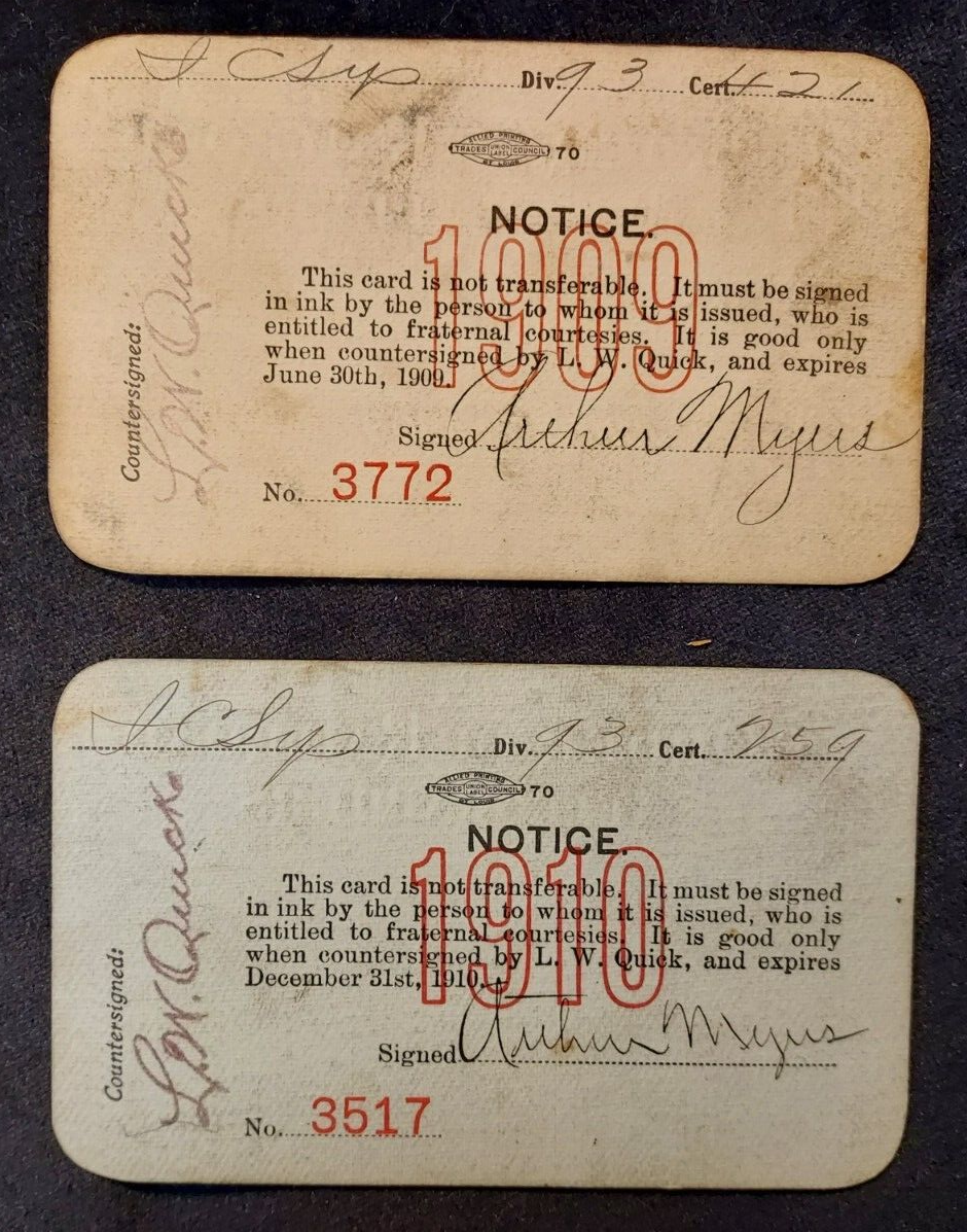 1909 & 1910 Union Membership Cards Order Railroad Telegraphers Quick IC ...