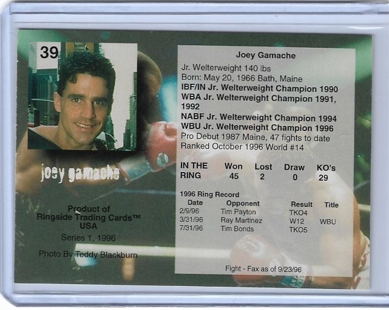 1996 RINGSIDE JOEY GAMACHE BOXING CARD #39 ~ BATH MAINE | eBay