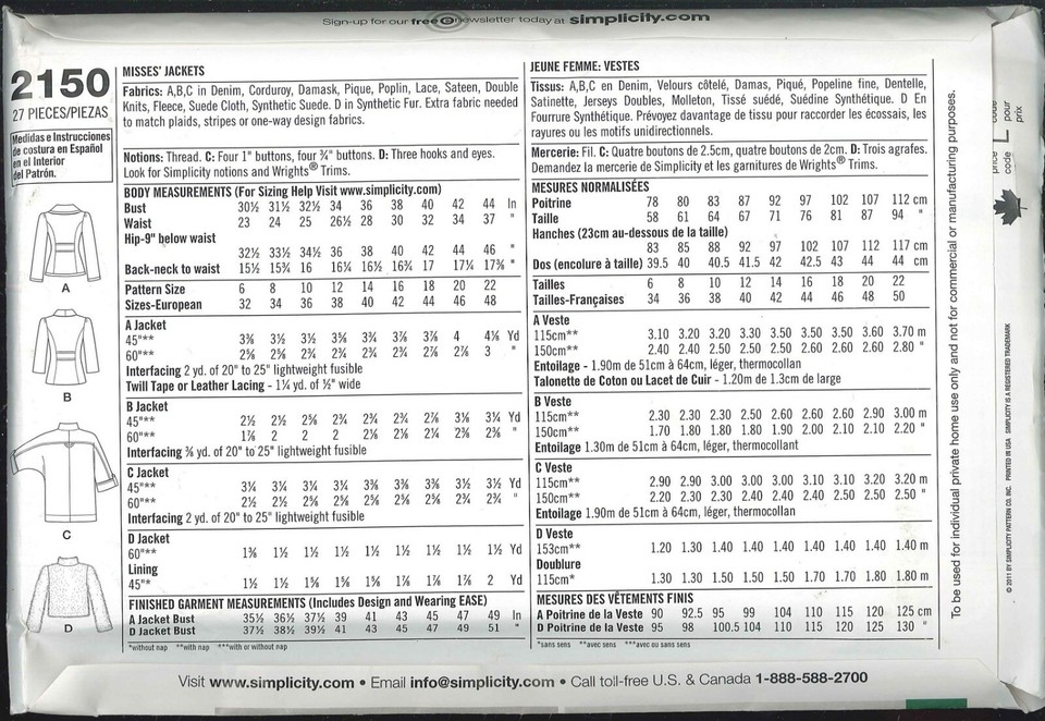 Misses' Basic Jacket Pattern Size 6 8 10 12 14 Simplicity 2150 Uncut ...