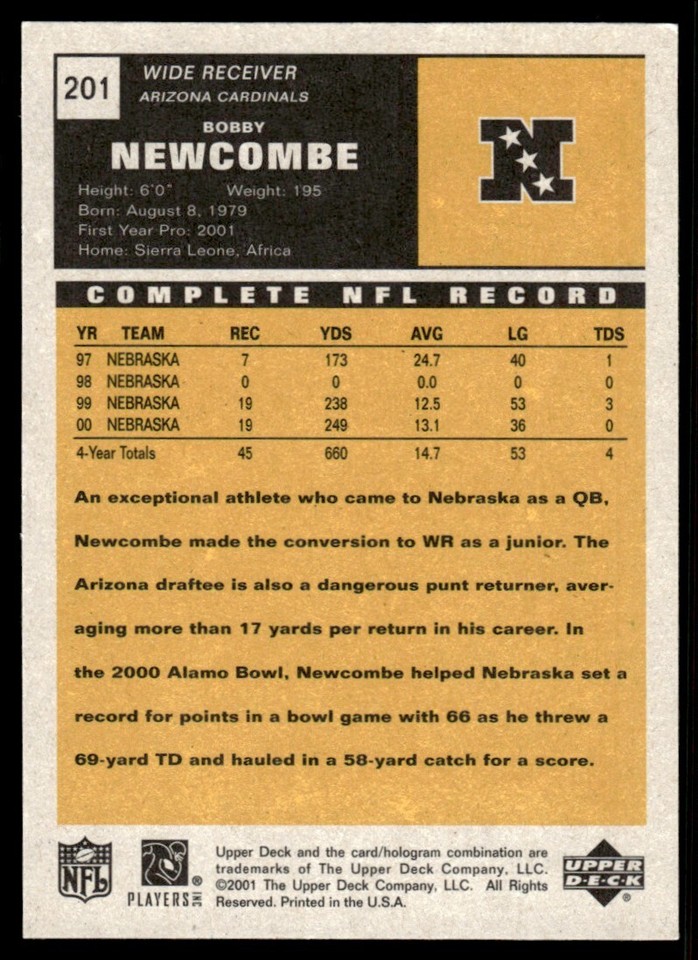 2001 Upper Deck Vintage Bobby Newcombe RC Arizona Cardinals #201 | eBay