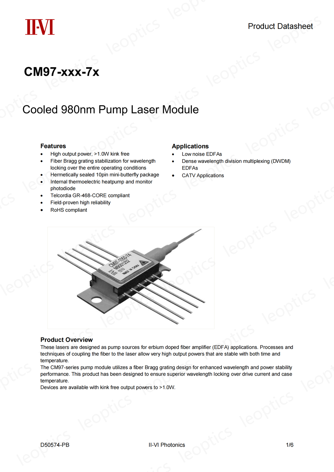 II-VI Cooled 980nm 830mW Pump Laser FBG EDFA 10Pin Mini-butterfly CM97 ...