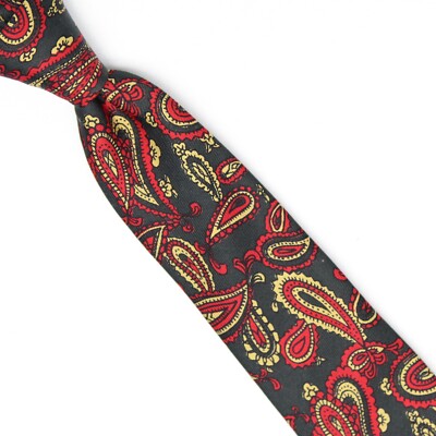 VTG Mens Silk Necktie Hunter Green Red Buff Paisley Print Skinny Narrow ...