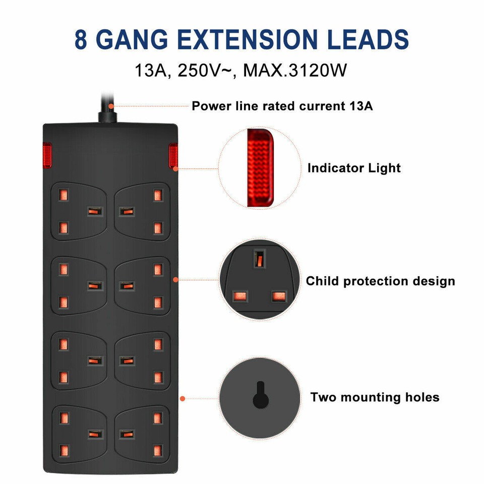 Extension Lead 2 4 6 8 Gang Way Plug Sockets 1/2/3/5M Cable Electric ...