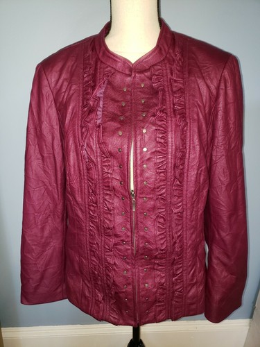 Womens Conrad C Collection Faux Leather Jacket Burgundy Ruffled Front ...