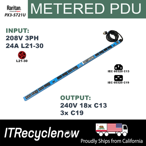 Raritan Blue 208V PDU Vertical Rack PX3 30A 3p NEMA L21-30 30x C13 6x ...
