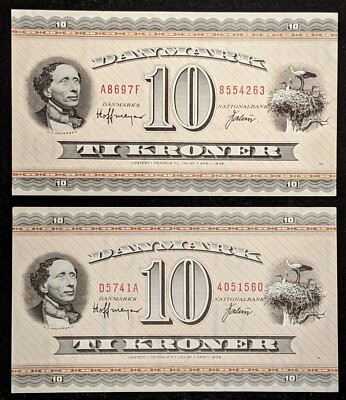 2 Denmark 1954-1974 Banknotes 10 Kroner Notes 1969/1974 AU P-44y/ae ...