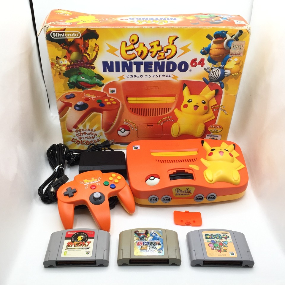 Nintendo 64 Console Pikachu Orange Pokemon Box Controller Games N64 ...