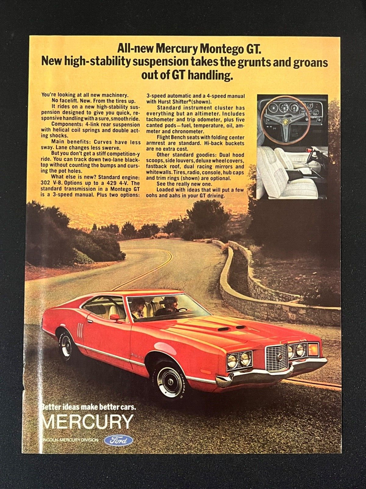 1972 Mercury Montego GT vintage print ad ready to frame and display | eBay