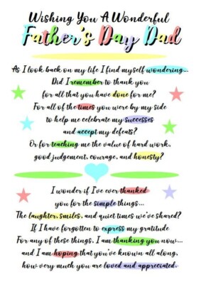 Wishing You A Wonderful Father's Day Dad A5 Sized Dad Father's Day Card ...