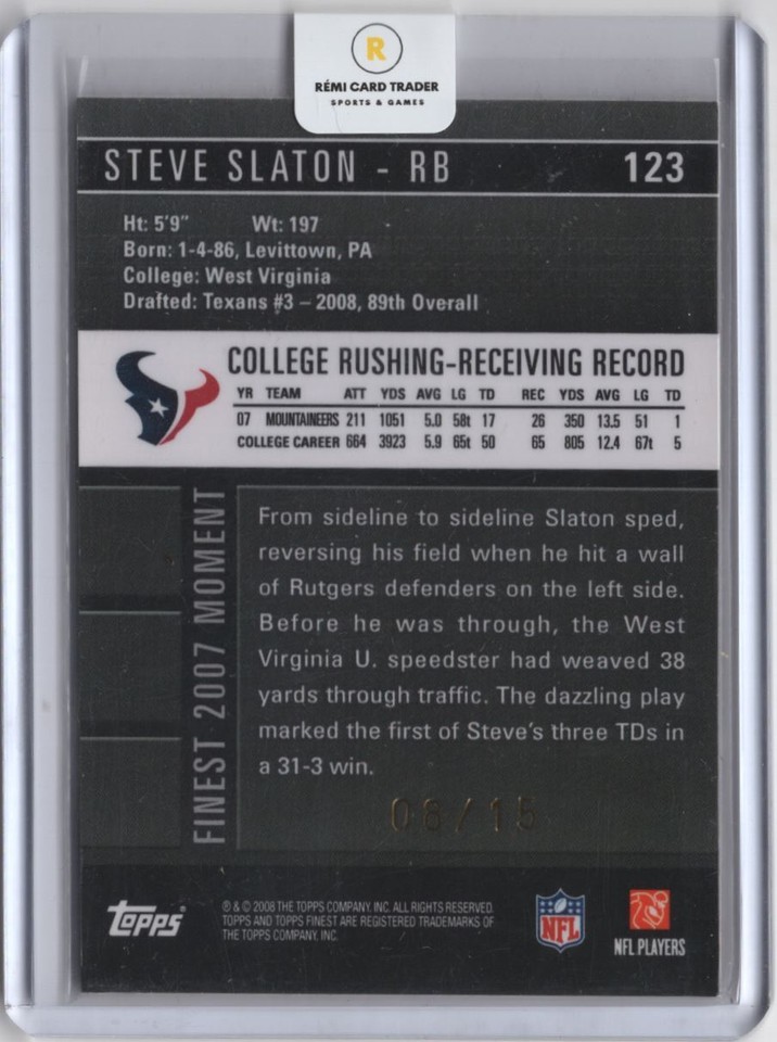 2008 Topps Finest Rookie NFL Logo Shield Patch Auto Steve Slaton Rookie ...