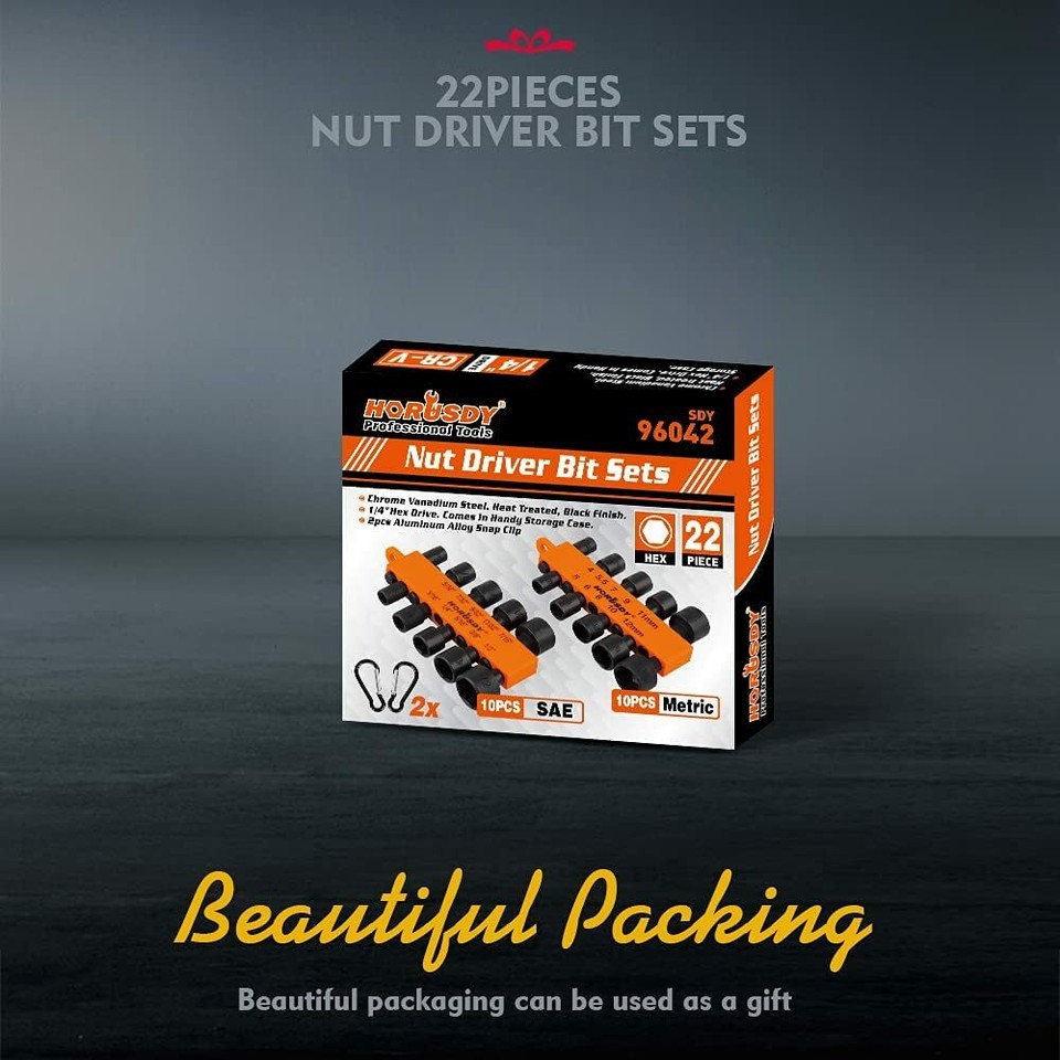 22PCS Power Nut Driver Bit Set Quick Change MM & SAE Impact 1/4" Hex ...