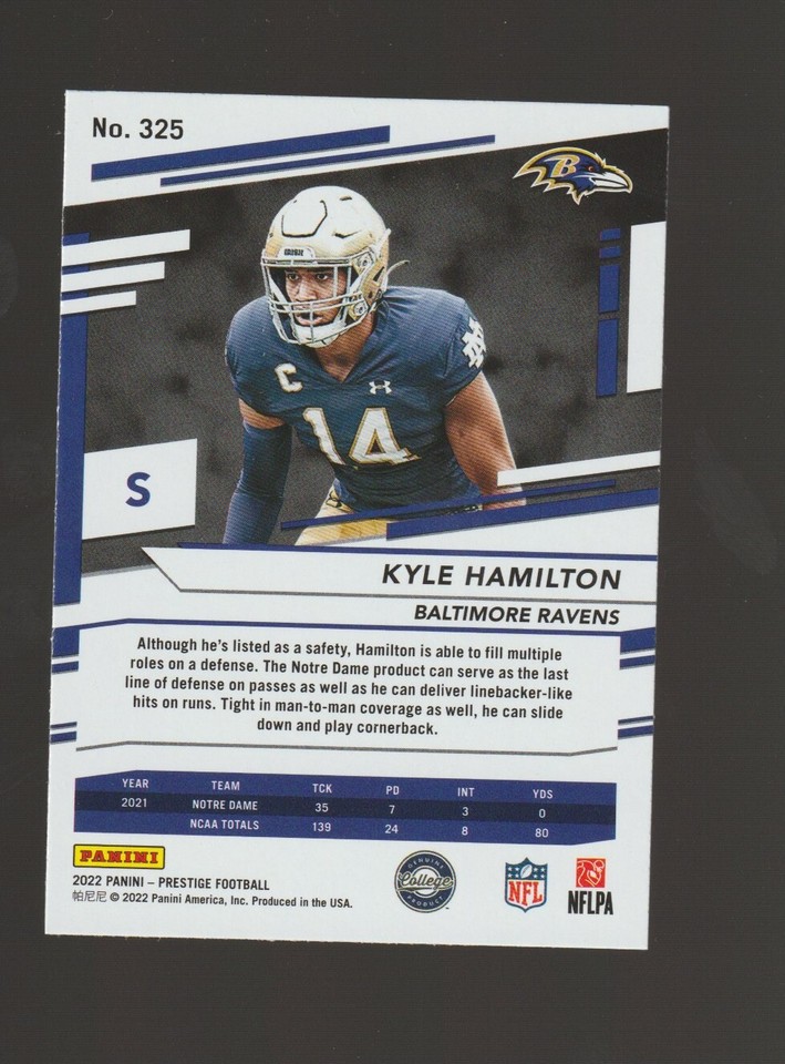 2022 Panini Prestige Football Kyle Hamilton rookie card #325 Ravens RC ...