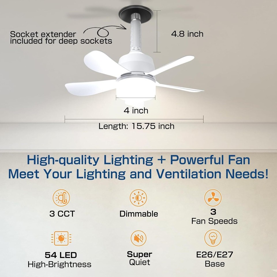 Socket Ceiling Fans with Lights and Remote- Socket Fan light with ...