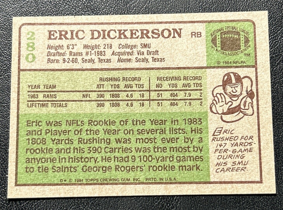 1984 Topps #280 Eric Dickerson Rookie - Los Angeles Rams - HOF - 🔥🏈🔥 ...