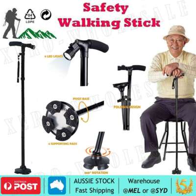 Folding LED Walking Stick Pivoting Base Cane Safety All Terrain Travel ...