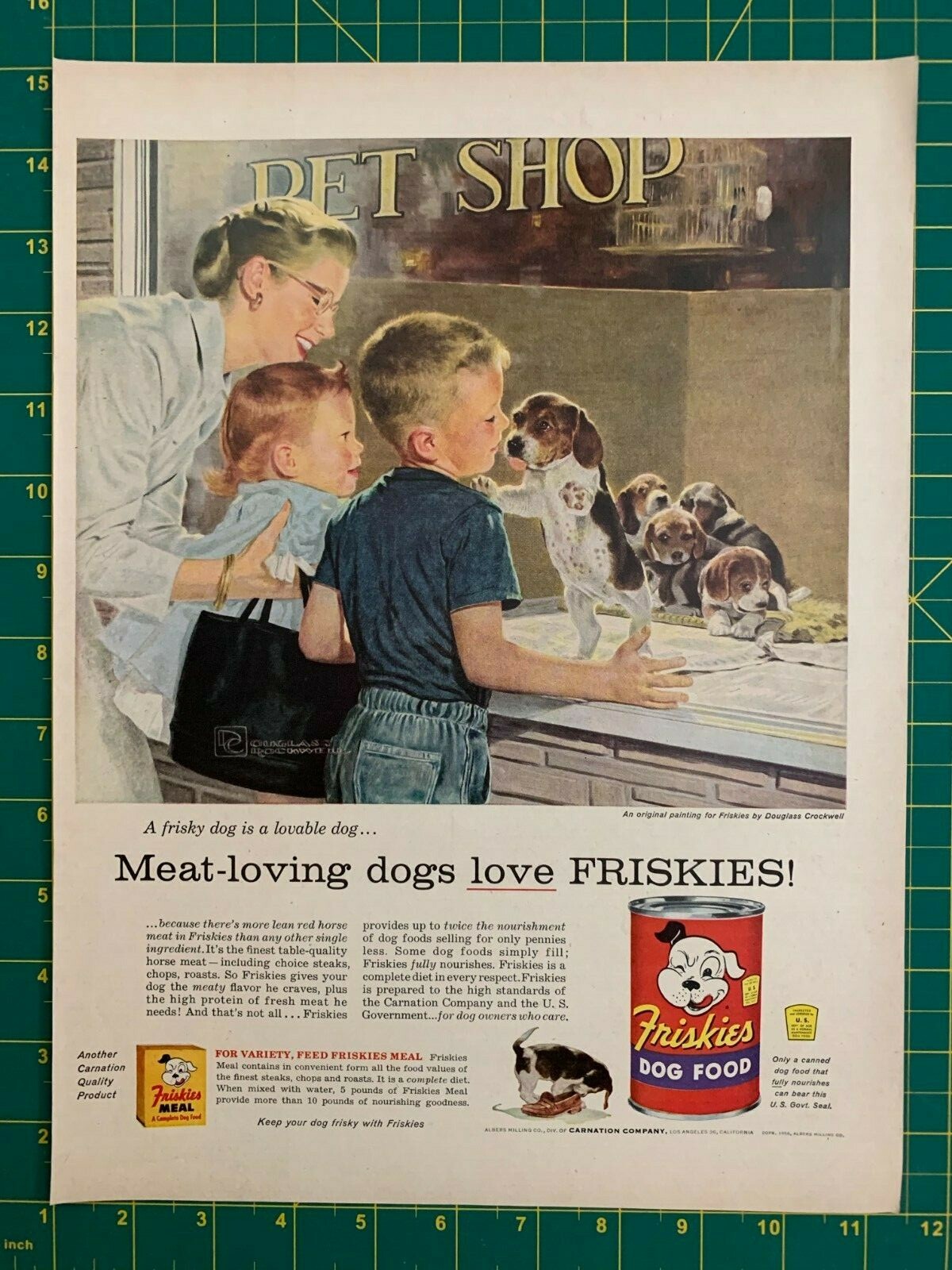 1956 Vintage Friskies Dog Food Meal Puppy Boy Girl Pet Shop Scene Print ...