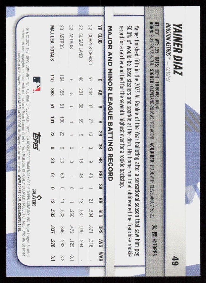 2024 TOPPS BIG LEAGUE YAINER DIAZ #49 Baseball ASTROS | eBay