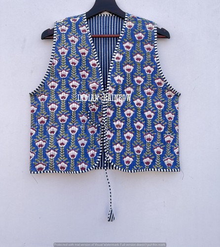 Hand Made Quilted Navy Blue Colorful Button Up Mock Neck Reversible ...