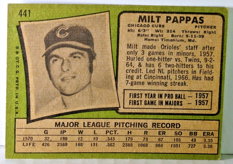 1971 TOPPS #441 MILT PAPPAS - Pitcher - Baseball Card - Cubs | eBay
