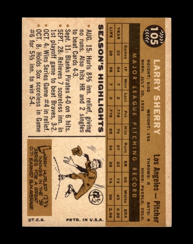 1960 Topps Set-Break #105 Larry Sherry NR-MINT *GMCARDS* | eBay