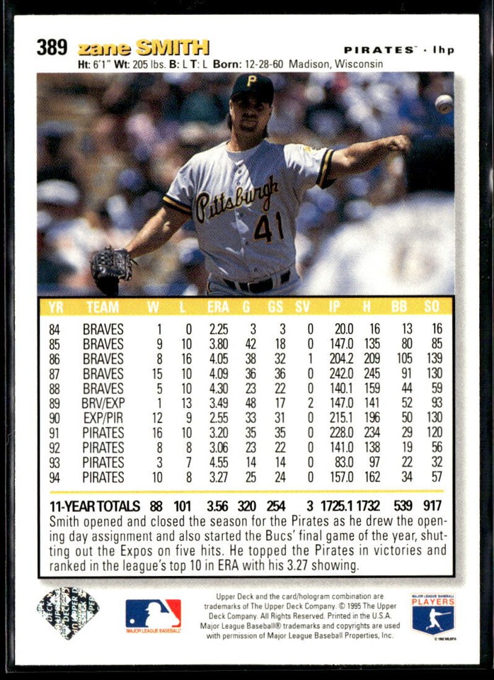 Zane Smith 1995 Collector's Choice 389 Pittsburgh Pirates Baseball Card ...
