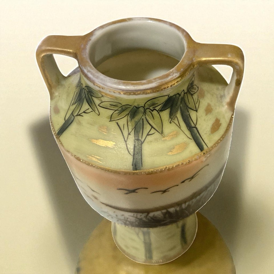 Antique NIPPON Hand Painted Small Vase Trees Birds Flying over Water ...