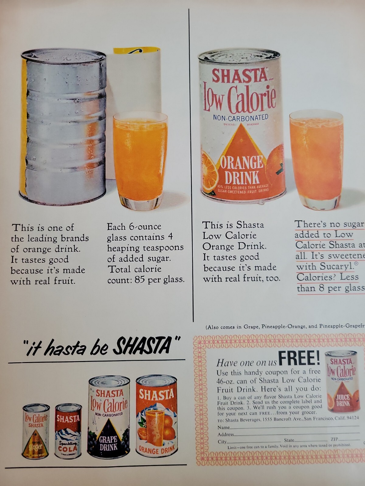 1964 Shasta cola grape orange drink vintage original ad | eBay