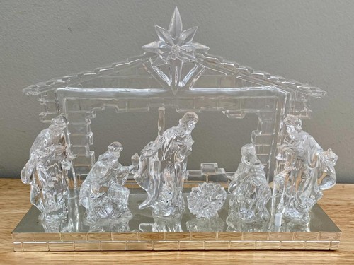 Clear Acrylic Nativity Scene on Shiny Silver Base Lights Up Plays 2 ...