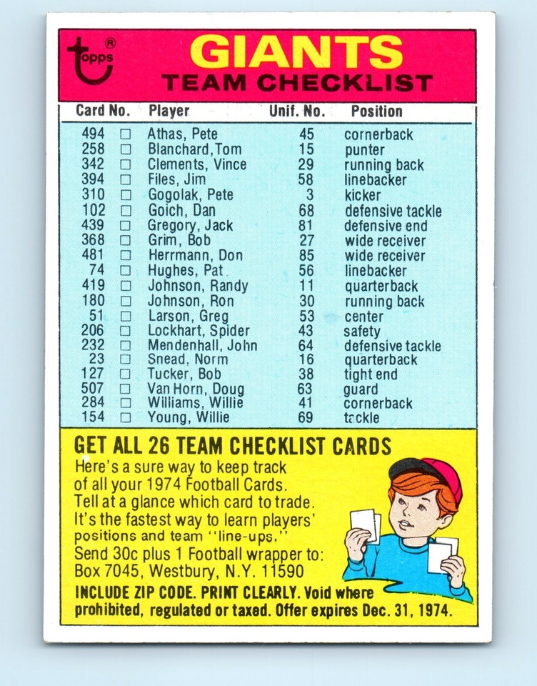 Unmarked 1974 Topps Football Team Checklist - Pick Your Card NM | eBay