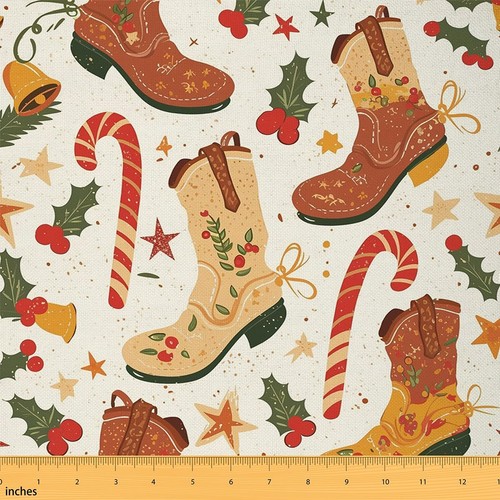 Cowboy Boots Fabric by The Yard Cartoon Jingle Bell Western Christmas ...