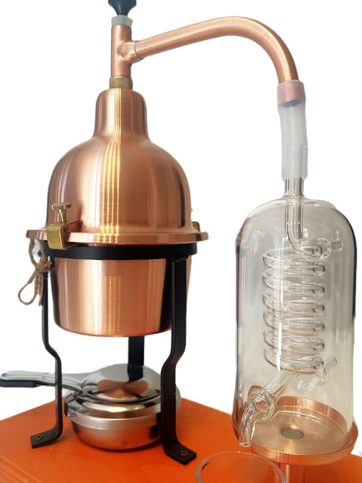 distiller still alembic in copper with glass condensation coil capacity ...