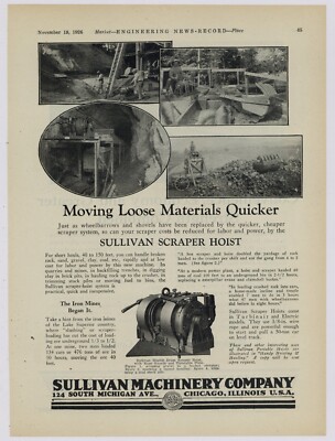 1926 Sullivan Machinery Co. Ad: Double Drum Scraper Hoist, Turbinair ...